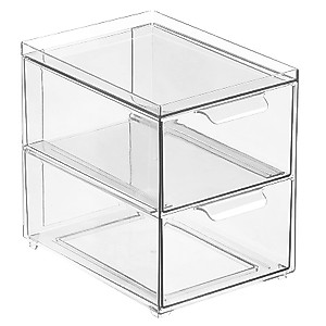 mDesign Stackable Storage Containers Box with 2 Pull-Out Drawers - Stacking Plastic Drawer Bins for Kitchen Pantry and Cupboard, Cabinet, Counter, Island and Tables - Lumiere Collection - Clear