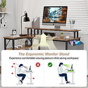 Mr IRONSTONE L Shaped Desk with Power Outlets & LED Lights, Computer Desk with Long Monitor Stand, 47 Inch Office Desk, Corner Desk for Small Space, Home Office Desk, Rustic Brown