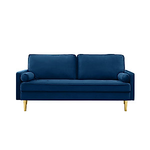 GPCRAC 67'' Velvet Sofa Bed, Modern Loveseat with Gold Metal Legs and 2 Bolster Pillows, Velvet Love Seats Couch for Small Spaces, Living Room, Apartment (Blue)