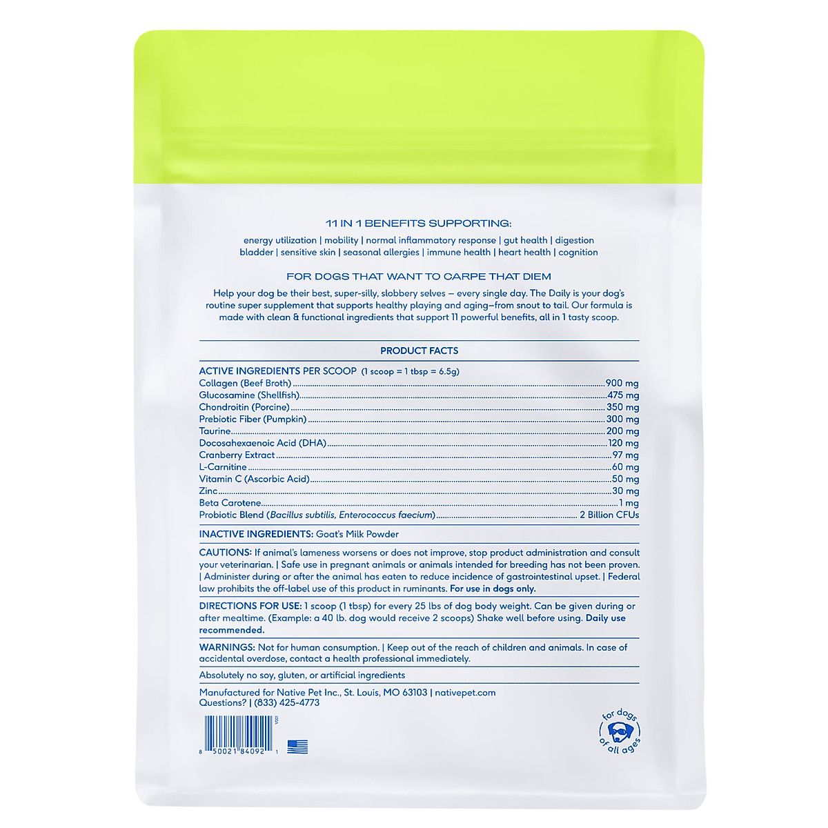 Native Pet The Daily Dog Supplement - 11 in 1 Dog Multivitamin - Tasty Scoop with Dog Vitamins and Supplements - Super Multi Vitamin for Dog Energy, Mobility, Skin & Coat - 12 Active Ingredients 28 oz