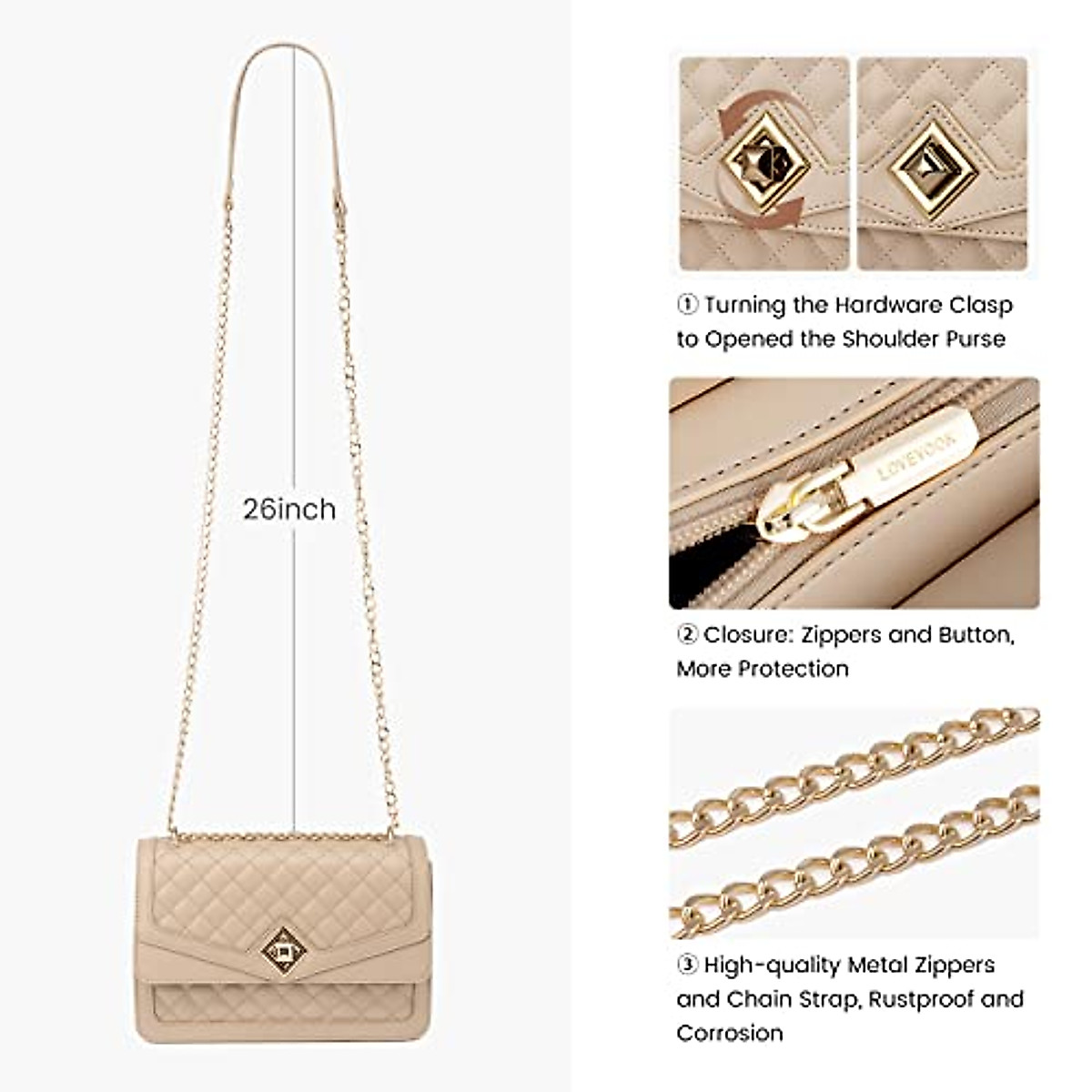 LOVEVOOK Shoulder Bag for Women Quilted Crossbody Purse,Leather Chain Bag for Gift Classic Satchel Handbag Nude