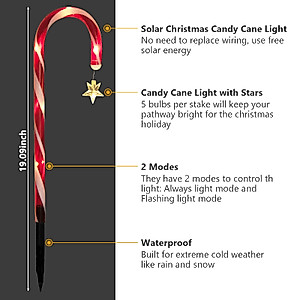 20 Pack Christmas Decorations Outdoor Solar Candy Cane Lights Pathway Markers Lights with Star for Walkway, Driveway, Lawn, Yard, Garden, Home Decoration