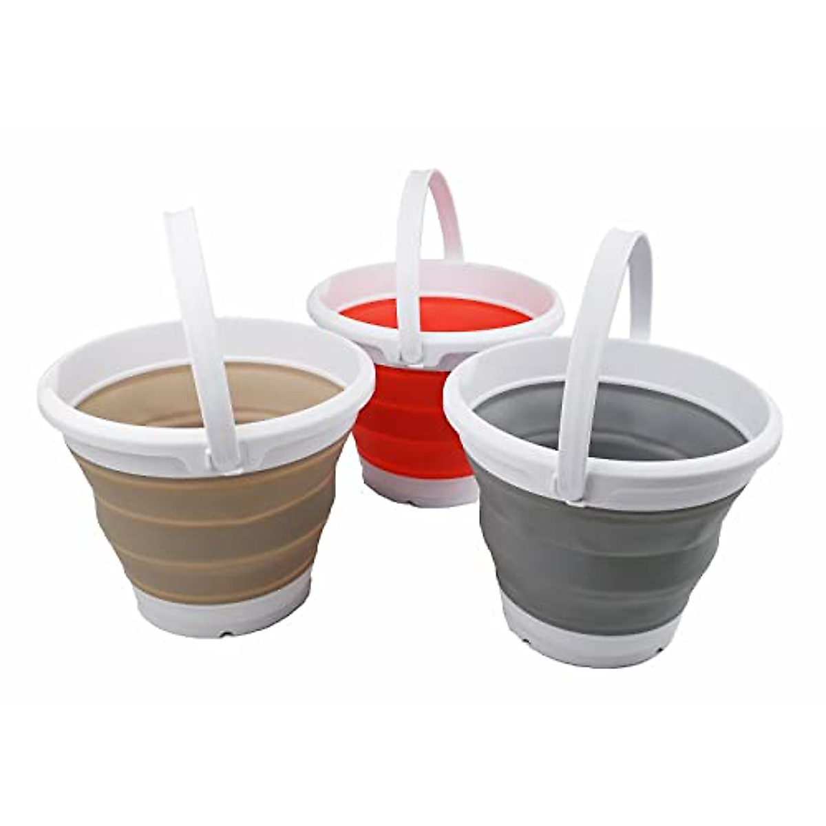 SAMMART 5.5L (1.4 Gallon) Set of 3 Collapsible Plastic Bucket - Foldable Round Tub - Portable Fishing Water Pail - Space Saving Outdoor Waterpot. (Grey & Latte & Orange Red)