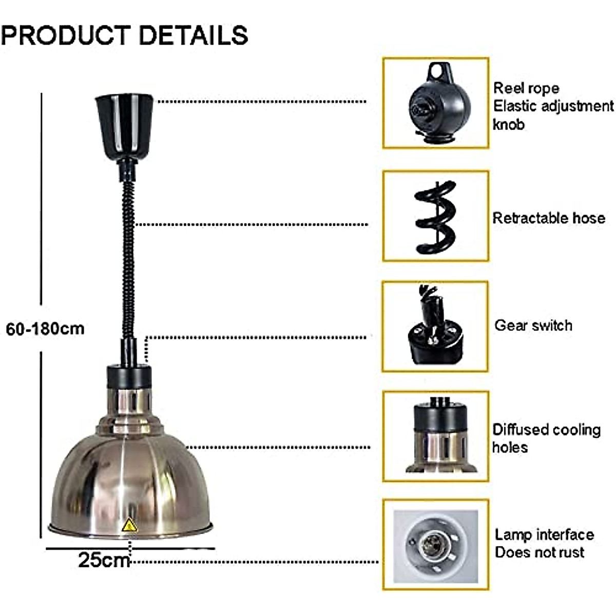 Commercial Heat Lamp Food Warmer Light Food Heat Lamp Warmer, Buffet Heating Light with Infrared Lamp Bulb 250W to Keep Food Warmer, Adjustable Height 60-180cm, Ideal for Kitchen, Restaurant and Cafet