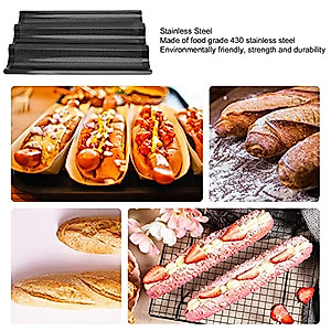 3 Slots French Baguette Pan for Baking Supplies, Black, Stainless Steel U Perforated Design Bread Baking Pan, Uniform Heating Oven Toaster Pan
