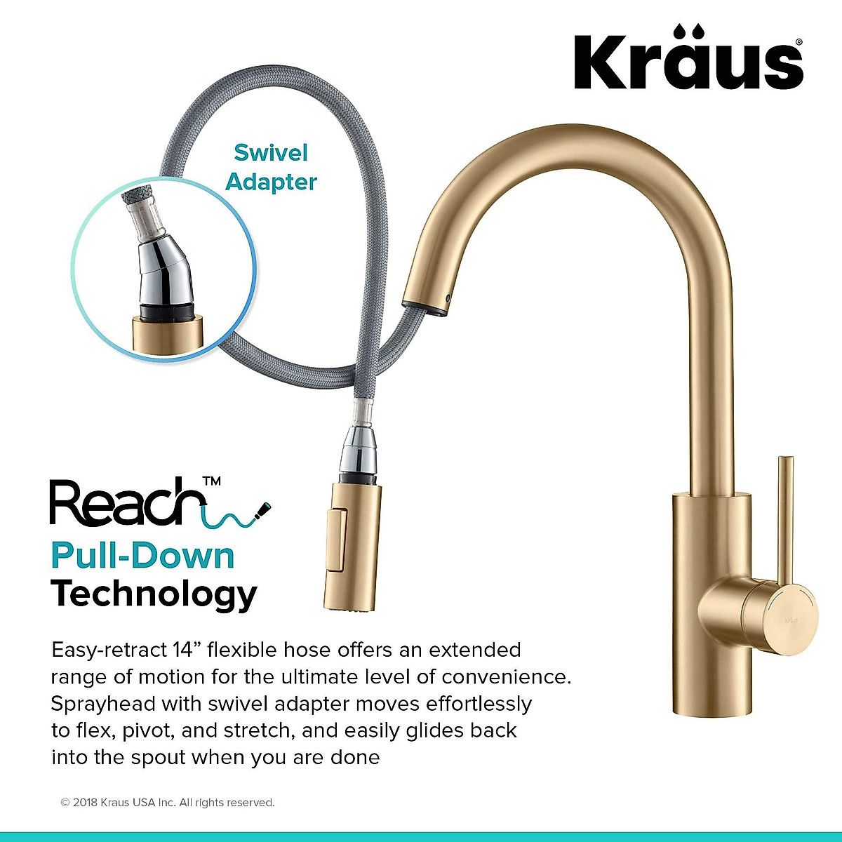 KRAUS Oletto Single Handle Pull Down Kitchen Faucet with QuickDock Top Mount Installation Assembly in Spot-Free Brushed Brass, KPF-2620BB