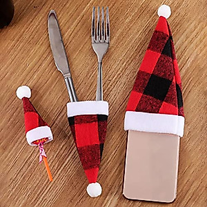 Santa Hat Silverware Holders - Plaid Christmas Santa Hats Silverware Holders - Christmas Silverware Holder Pockets Mini Santa Hats for Candy, Red Wine Bottle Cutlery Party Dinner Table