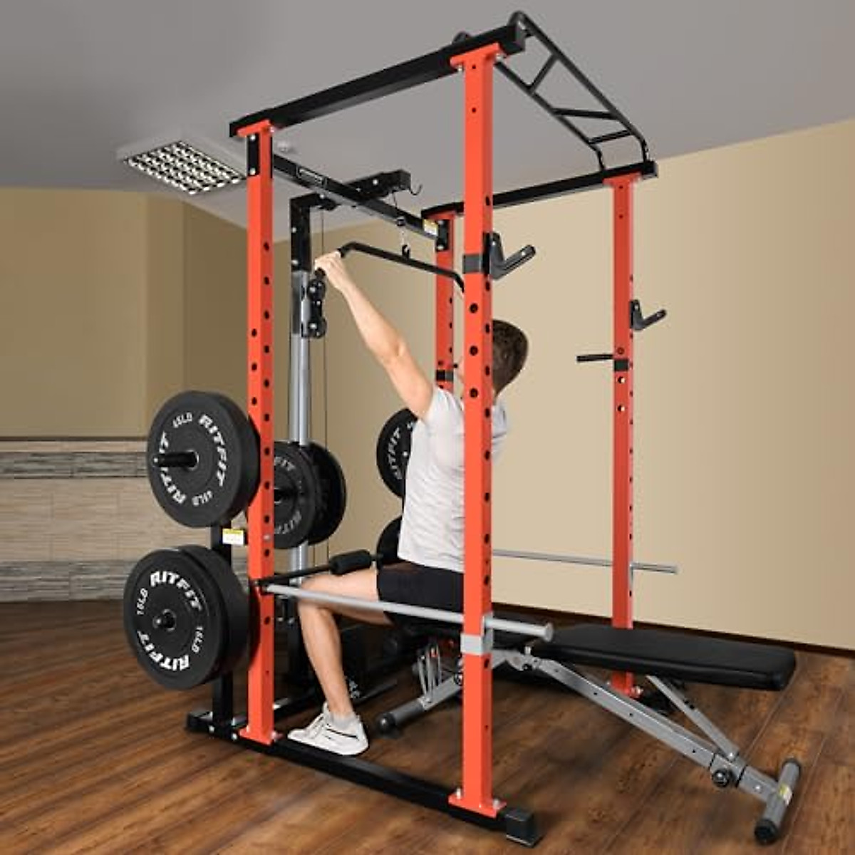 RitFit Power Cage with LAT Pull Down and 360° Landmine, 1000LB Capacity Power Rack Full Home Gym for Weightlifting, Come with J-Cups,Dip Bars and Other Attachments (2023 Version PPC02)-Orange