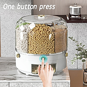 Rice and Grain Storage Container, 6KG Capacity 6 Grid Rice Dispenser, 360° Rotatable Food Storage Container, One Click Button Dry Food Storage Box Rice Bucket for Cereal, Grain, Beans(White)
