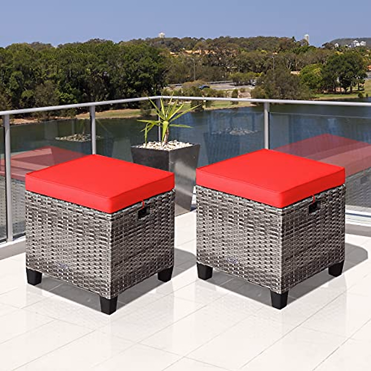 Tangkula 2 Pieces Patio Rattan Ottomans, Outdoor Wicker Footstool Footrest Seat with Soft Cushions and Steel Frame, All-Weather Patio Ottoman Set for Backyard Garden Poolside (Red)