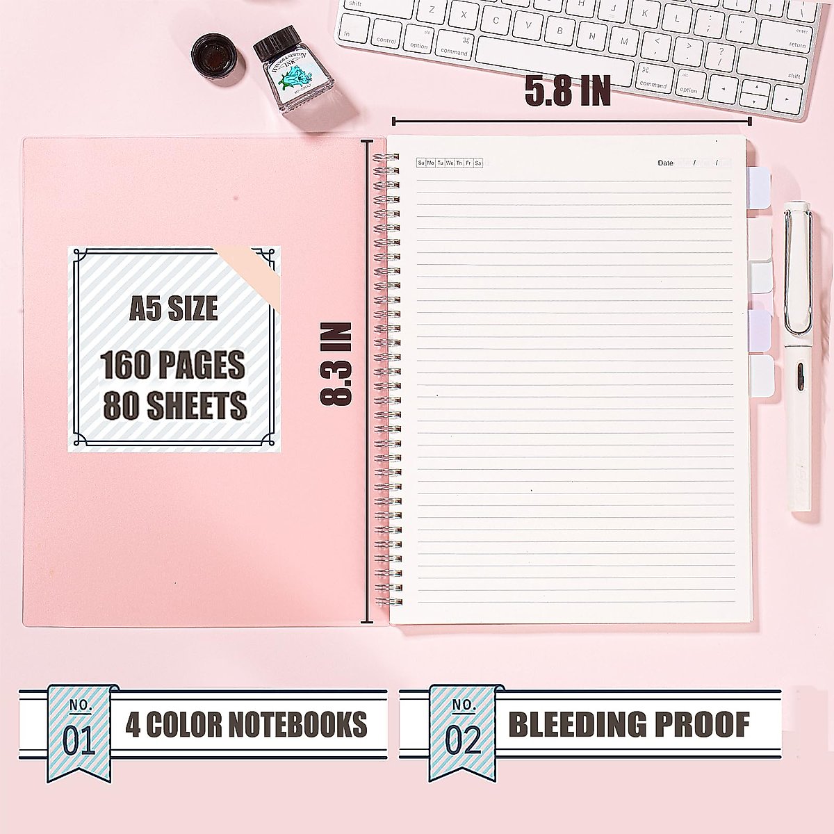 OWSC 4 Pack Lined Spiral Notebook, 5.9 x 8.3 Inches Notebooks for Work, School and Journal with 110 GSM Thick Paper, Small Notebook with 80 Sheets/160 Pages, Notebooks College Ruled for Note Taking