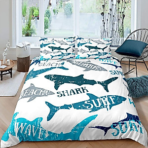 Shark Comforter Cover Set Cartoon Shark Print Sealife Duvet Cover for Kids Boys Girls Teens Underwater World Marine Life Ocean Theme Microfiber Bedding Set Decor 3Pcs Quilt Cover Queen