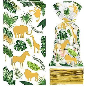 UEMIS 60Pack Jungle Animal Cellophane Treat Bags, Green Gold Safari Animal Palm Leaves Plastic Candy Goodie Bags with Gold Twist Ties for Wedding Wild One Safari Baby Shower Birthday Party Favors (Jungle Animals)