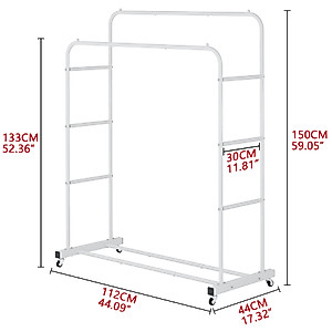 Laiensia Double Rods Clothing Rack with Wheels, Garment Rack for Hanging Clothes, Multi-functional Bedroom Clothes Rack, White