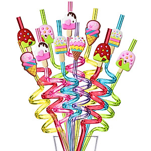24 Reusable Ice Cream Straws for Birthday Party Supplies | Party Favors with 2 Cleaning Brush