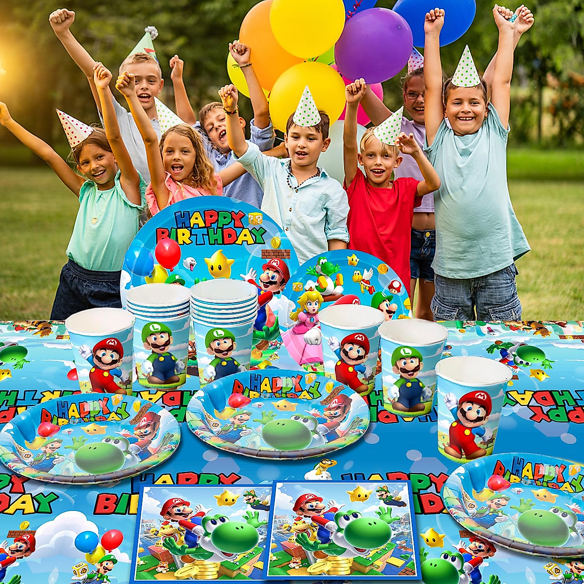 Fruitful Life Super Mario Party Decorations, 161pcs Place Setting - Mario Themed Plates, Napkins, Cups & Tablecloth etc for Boys/Girls Kids Birthday