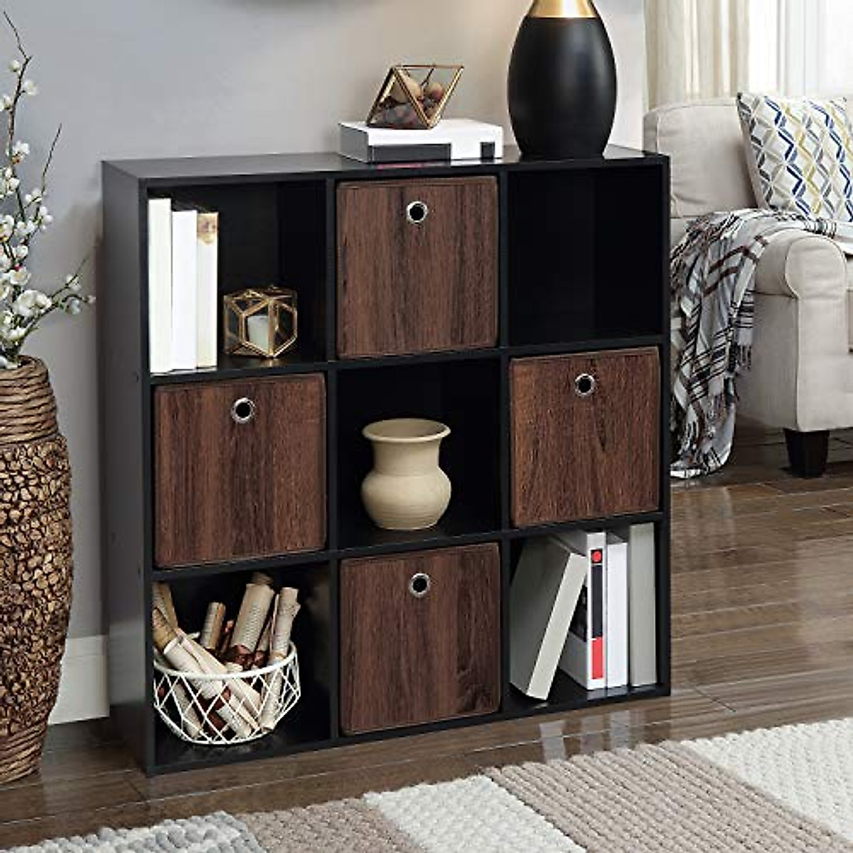 Organize It All Faux Wood Storage Cube | Dimensions: 10" x 10" x 10" | Collapsible | Home Storage | Faux Wood Design | Dark Brown