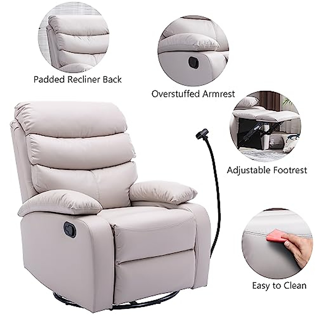 GNMLP2020 Swivel Rocking Recliner Chair, Manual Recliner Chair with Cell Phone Holder, PU Leather Small Rock Recliner Easy to Operate Reclining for Living Room, Nursery, Beige