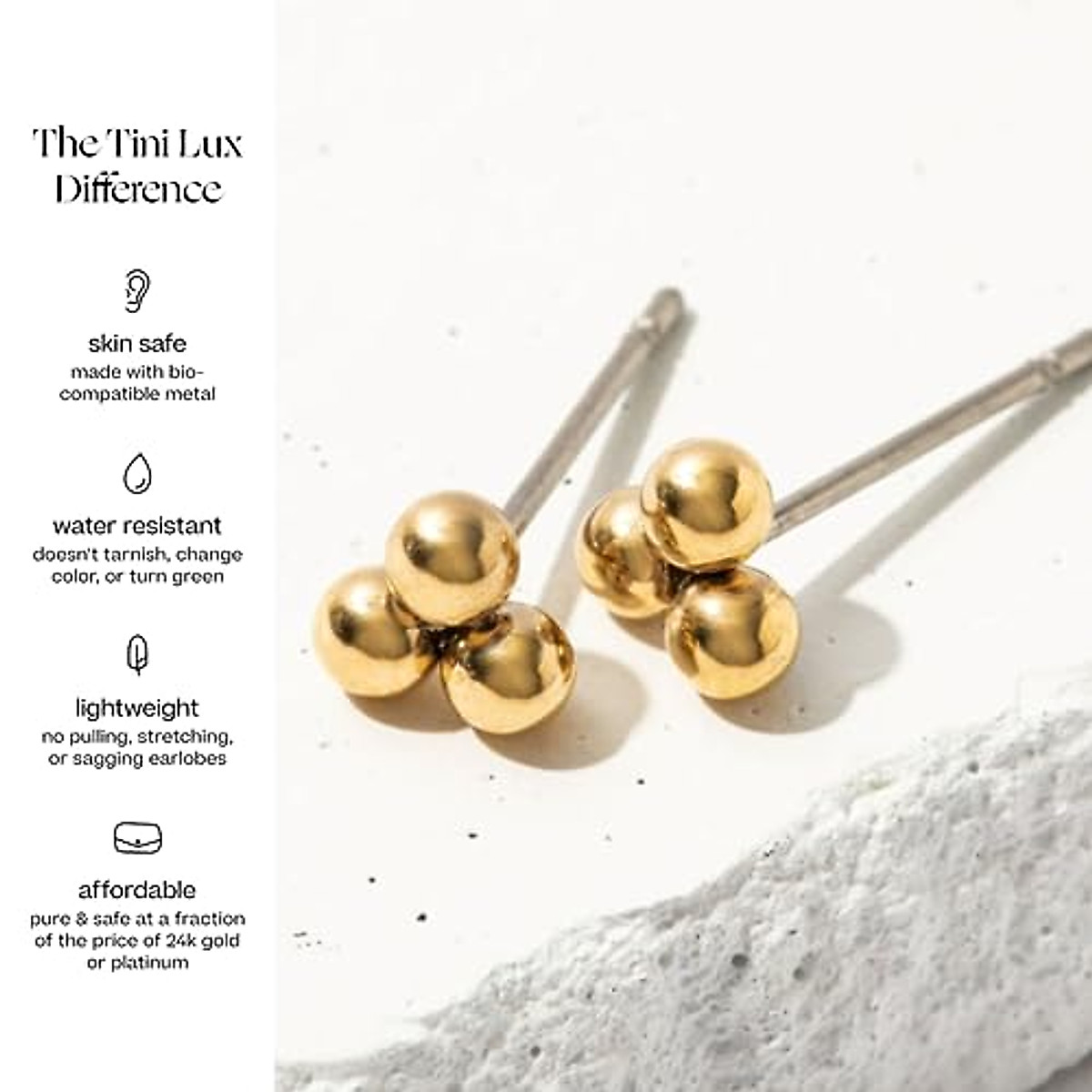 Tini Lux | Hypoallergenic Earrings | Astrid Studs | Silver | Titanium Stud Earrings for Women | Silver Earrings Studs, Sensitive Ears, Trendy Womens Earring Set (Gold)