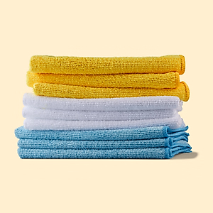 Amazon Basics Microfiber Cleaning Cloths, Non-Abrasive, Reusable and Washable - Pack of 24, 12 x16-Inch, Blue, White and Yellow