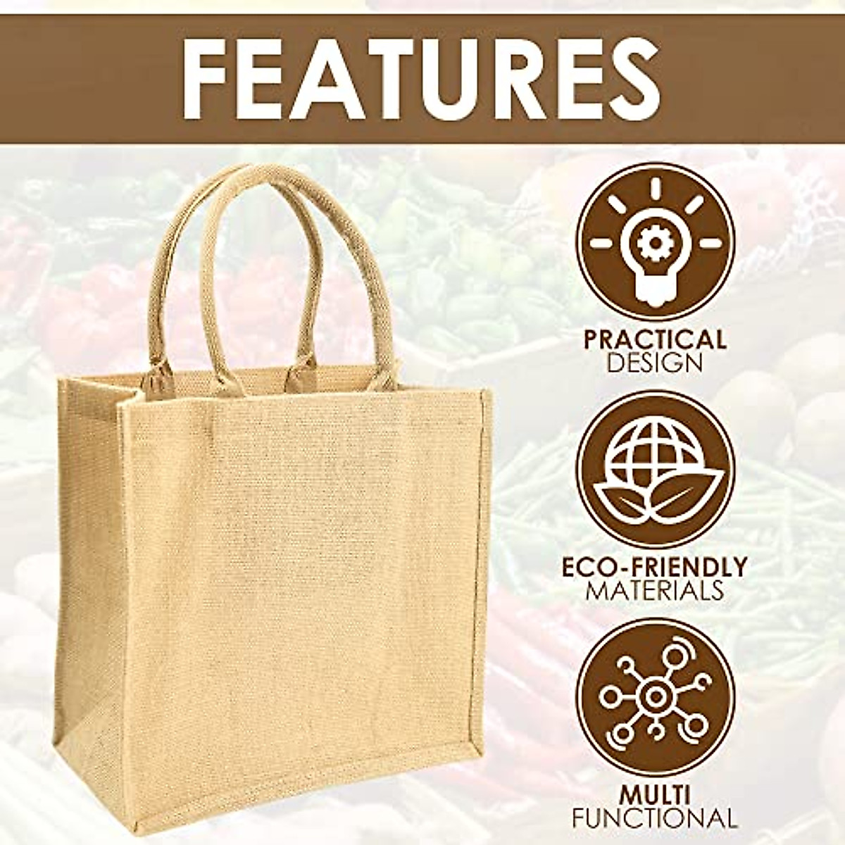 Large 16x7x13 Burlap Jute Reusable Canvas Bag with handles Blank Totes for Gifting, Wedding, Grocery Shopping, Beach Trip, Made With Hidden Cell Phone/Wallet Zipper Pocket (Set Of 3)