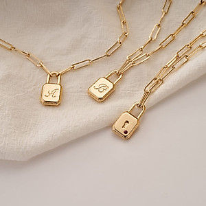 MTMY Lock Initial Necklaces,14K Gold Plated Adjustable Paperclip Chain Dainty Lock Necklace Personalized Engraved Letter Lock Pendant Necklace for Women Jewelry (J)