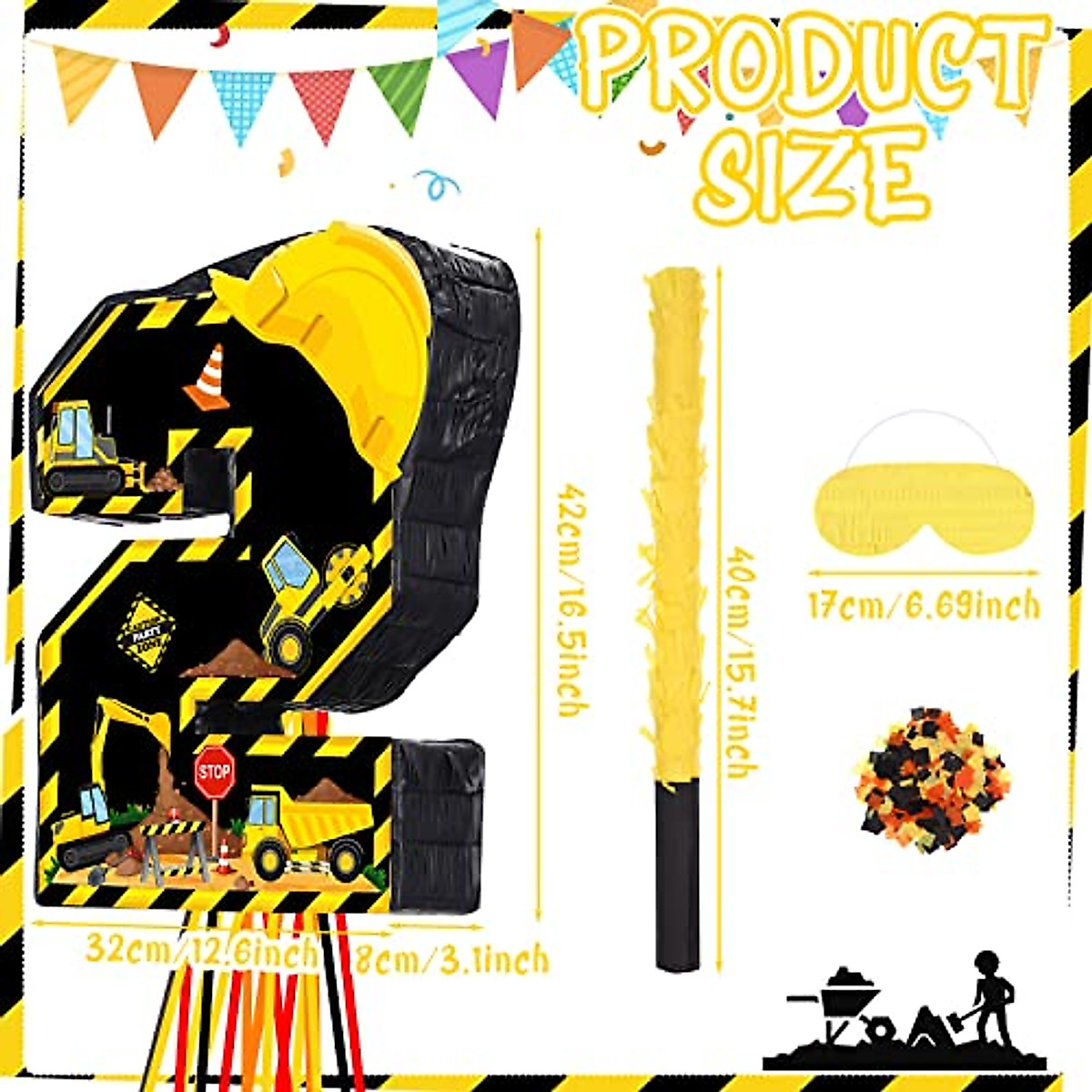 Small Number 2 Construction Pinata Pull String Dump Truck Two Pinata Tractor Excavator Pinata with Blindfold Stick Confetti for Boys Kids Construction Themed 2nd Birthday Decorations Party Supplies