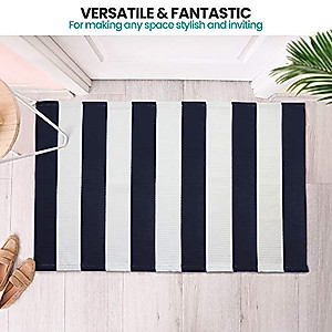 NANTA Navy Blue and White Striped Rug 27.5 x 43 Inches Cotton Machine Washable Indoor Outdoor Stripe Rug for Farmhouse Layered Door Mat