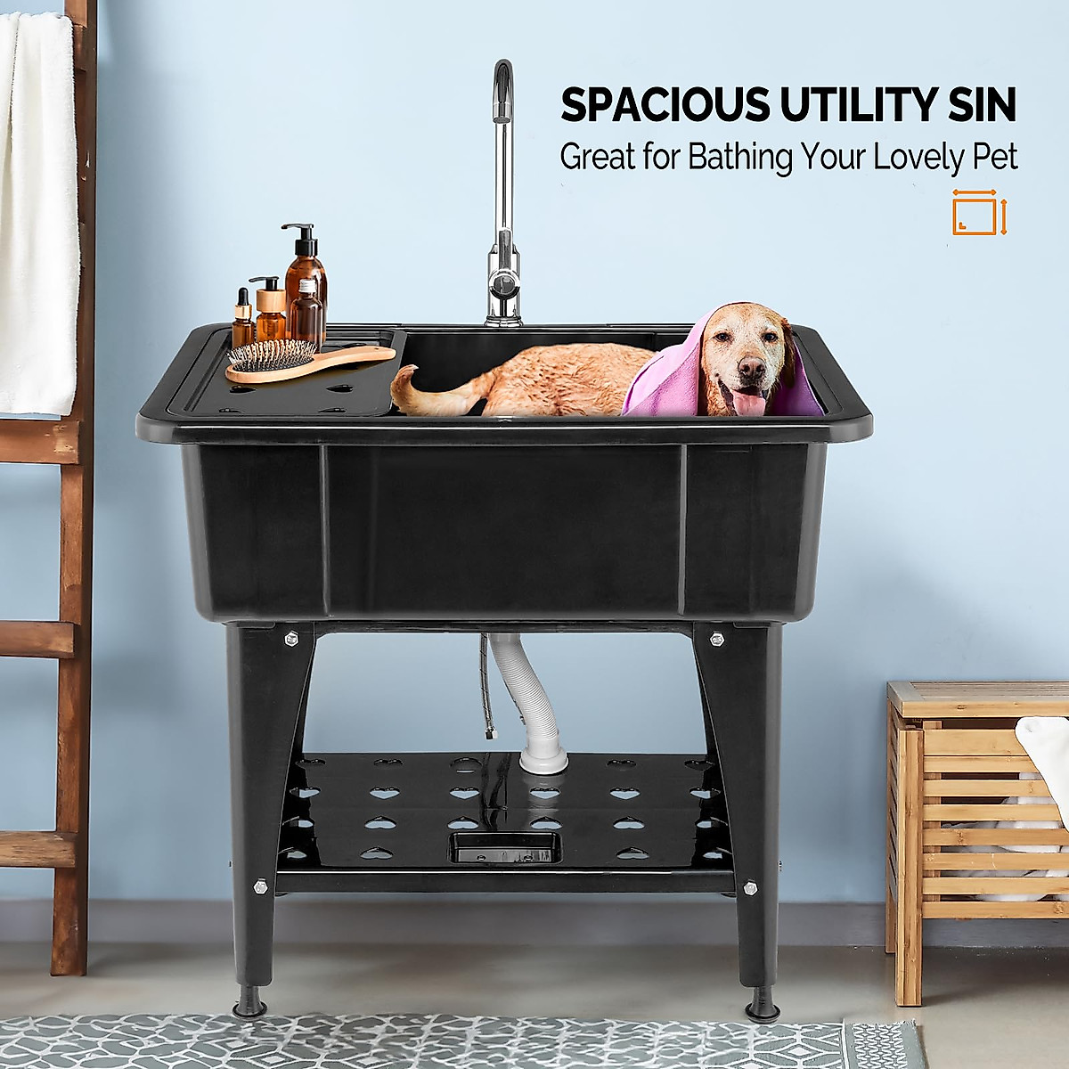 VINGLI Utility Sink Laundry Tub for Washing Room, Freestanding Utility Sink with Stainless Steel Faucet, (Black, 32.3"W x 22.4" D x 43.3"H)