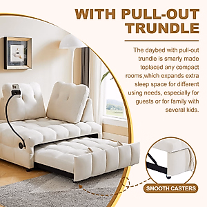 48" Pull Out Sofa Bed, Modern Convertible Sofa Bed Couch with Removale Back, Velvet Cloud Sofa with USB Port and Swivel Phone Stand, Suitable for Living Room, Apartment, Small Place - Beige