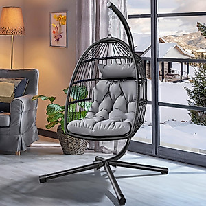 YITAHOME Hanging Egg Swing Chair with Stand Egg Chair Wicker Indoor Outdoor Hammock Egg Chair with Cushions 330lbs for Patio, Bedroom, Garden and Balcony, Dark Gray(Stand Included)