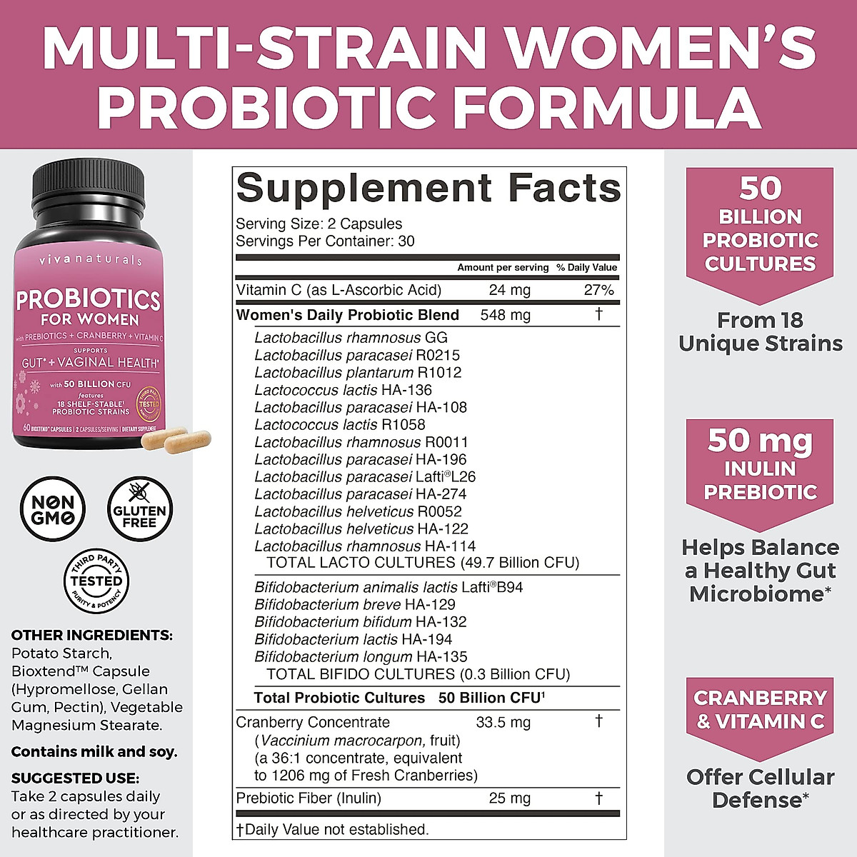 Viva Naturals Probiotics for Gut Health with Prebiotic Fiber, Cranberry & Vitamin C-50 Billion CFU Pre & Probiotics for Women Digestive Health, Vaginal Health from 18 Strains-Shelf-Stable 60 Capsules