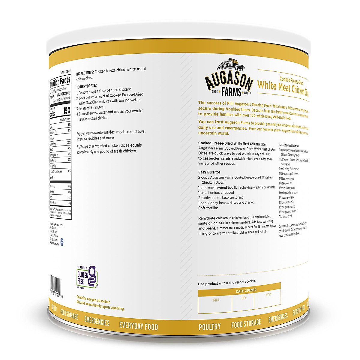 Augason Farms Freeze-Dried White Meat Chicken 100% Real Precooked Chicken Long-Term Food Storage Large Can, 16 oz