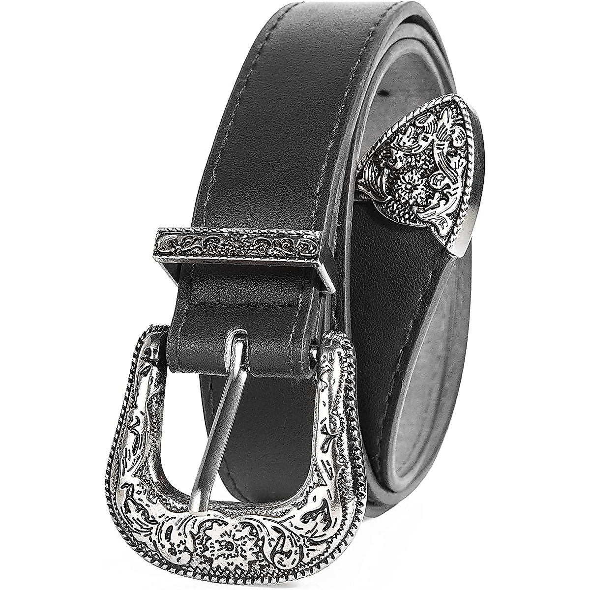 INOGIH Western-Leather-Belts-Women Vintage Waist-Belts with Hollow Out Flower Buckle