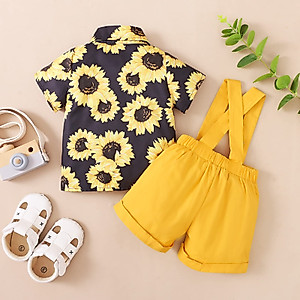 Noubeau Baby Boy Girl Brother Sister Matching Outfits Sunflower Print Short Sleeve Tops Romper+Suspender Overalls Shorts Clothes Set (Sunflower- Shirt, 12-18 Months)