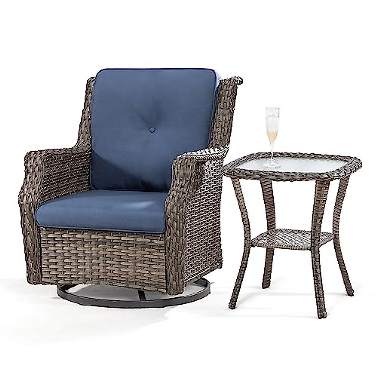 Meetleisure Outdoor Swivel Rocker Patio Chair with Matching Side Table - 360 Degree Patio Swivel Glider Chair with 3.5" Olefin Cushions(Mixed Grey/Blue)