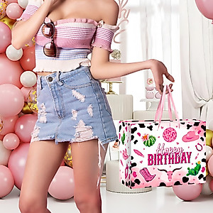 Pink Cowgirl Birthday Gift Bag, Large Western Happy Birthday Wrapping Paper Bags Decorations with Handles Greeting Card Tissue Paper Y2K Disco Wrap Bags for Party Favors Decor Girls Women Supplies