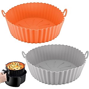 Large 8 Inch 2 Pack Air Fryer Silicone Liners Pot, Round Silicone Air Fryer Basket Baking Tray, Apply to 3.2-6.5 QT Airfryer, Reusable Cooking Oven Insert Accessories(Orange and Gray)