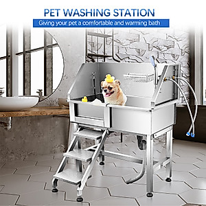 ARTYUIO 34'' Pet Grooming Tub Dog Washing Station for Small Dogs Pet Bathtub Stainless Steel Dog Bathing Tub Wash Sink Shower Station with Retrackable Stairs, Sliding Door,Home Commercial
