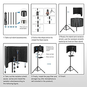 Aokeo Studio Recording Microphone Isolation Shield with Pop Filter & Tripod Stand, High Density Absorbent Foam to Filter Vocal, Foldable Sound Shield for Blue Yeti and Condenser Microphones