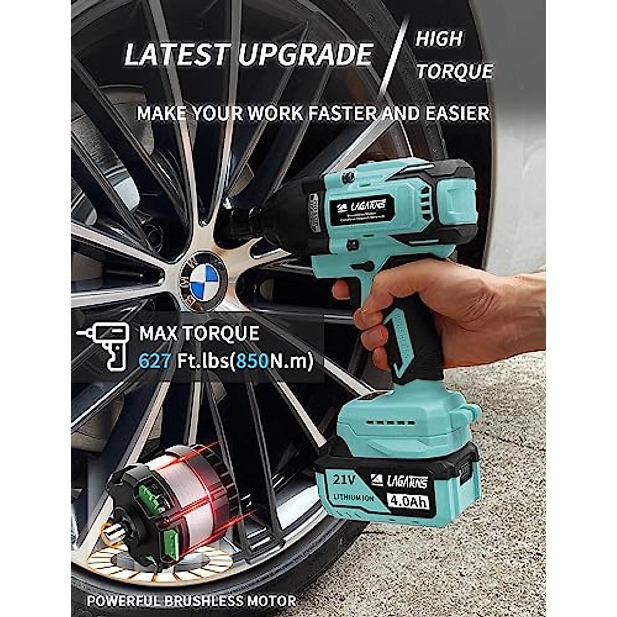 Cordless Impact Wrench,1/2 Impact Gun，850NM(627ft·lbs) High Torque 2200 RPM,Brushless Motor，with a 10C 4.0Ah Li-Ion Battery and Fast Charger，Suitable for family cars，Construction work on site