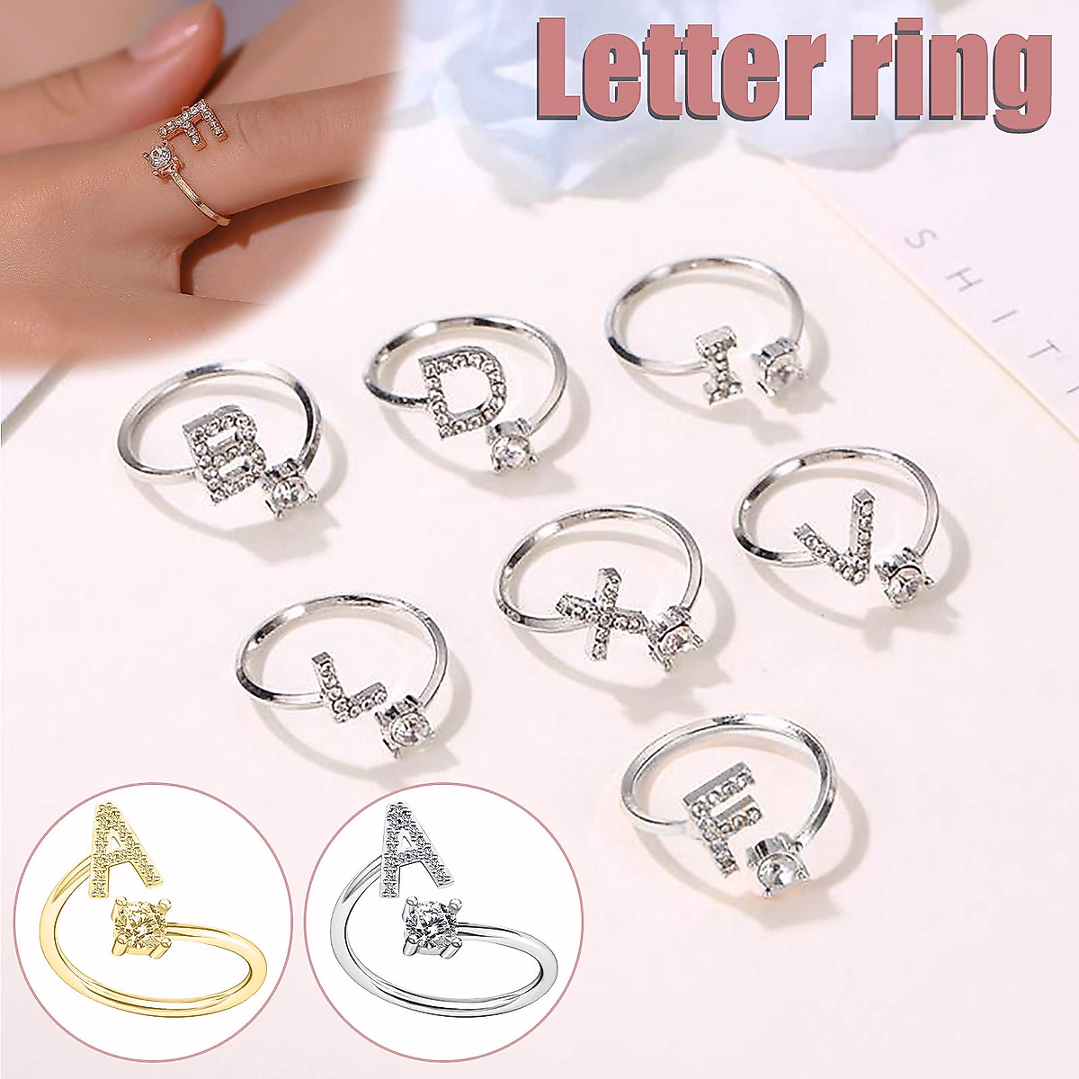 Adjustable Crystal Inlaid Initial Rings Alphabet Letter Ring Knuckle Rings Fashion Jewelry Gifts for Womens