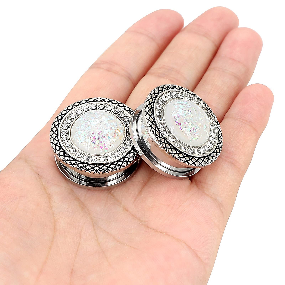 Qmcandy 2pcs 00g Stainless Steel White Opal Screw Ear Plugs Gauges Piercing