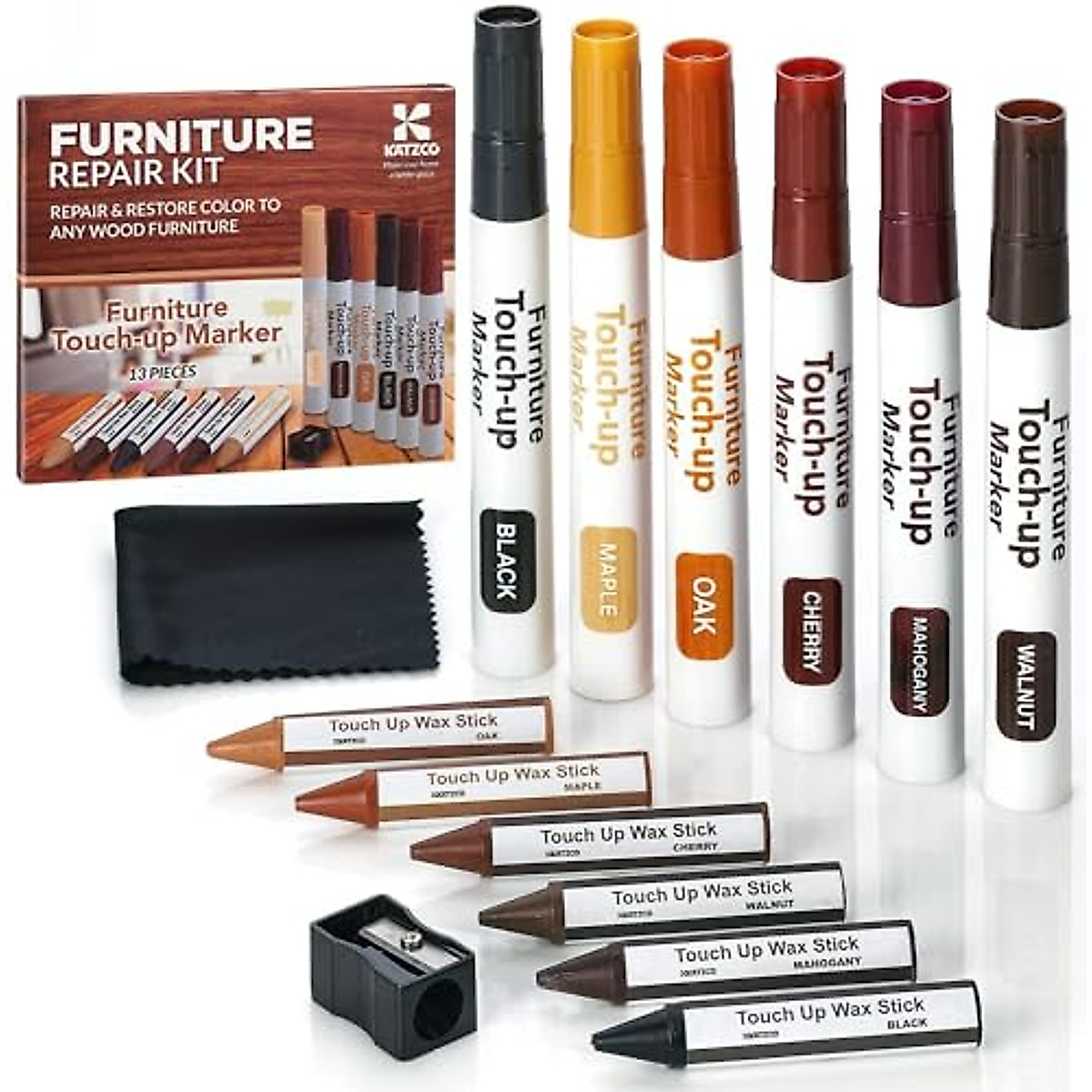 Katzco Furniture Repair Kit Wood Markers - Set of 13 - Markers and Wax Sticks with Sharpener - for Stains, Scratches, Floors, Tables, Desks, Carpenters, Bedposts, Touch-Ups, Cover-Ups
