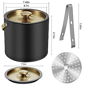 3.2L Modern Insulated Ice Bucket with Silicone Lid, Tongs, Strainer, Double Wall Stainless Steel Ice Bucket for Parties & Cocktail Bar,Ideal for Gift