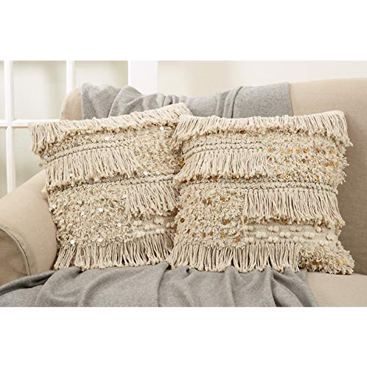 SARO LIFESTYLE Handira Collection Cotton Decorative Down Filled Throw Pillow with Sequin Moroccan Accents, 18", Gold