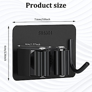4Pcs Broom and Mop Holder, Stainless Steel Broom Storage Holder, Self Adhesive Anti-Slip Command Broom Holder Wall Mount, Mop Gripper with Hook for Kitchen Bathroom Closet Garden Garage Black