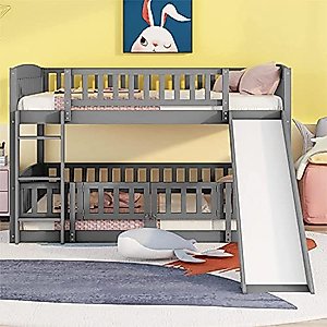 Harper & Bright Designs Low Bunk Beds Full Over Full, Wood Kids Bunk Bed with Slide, Fence and Ladder, Full Size Bunk Beds for Girls Boys, Grey