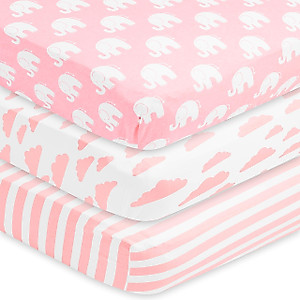BaeBae Goods Fitted Baby Crib Sheets for Girls, 3 Pack, Soft and Breathable Jersey Cotton, Pink and White, Cute Girly Nursery Mattress Bedding, Universal Fit