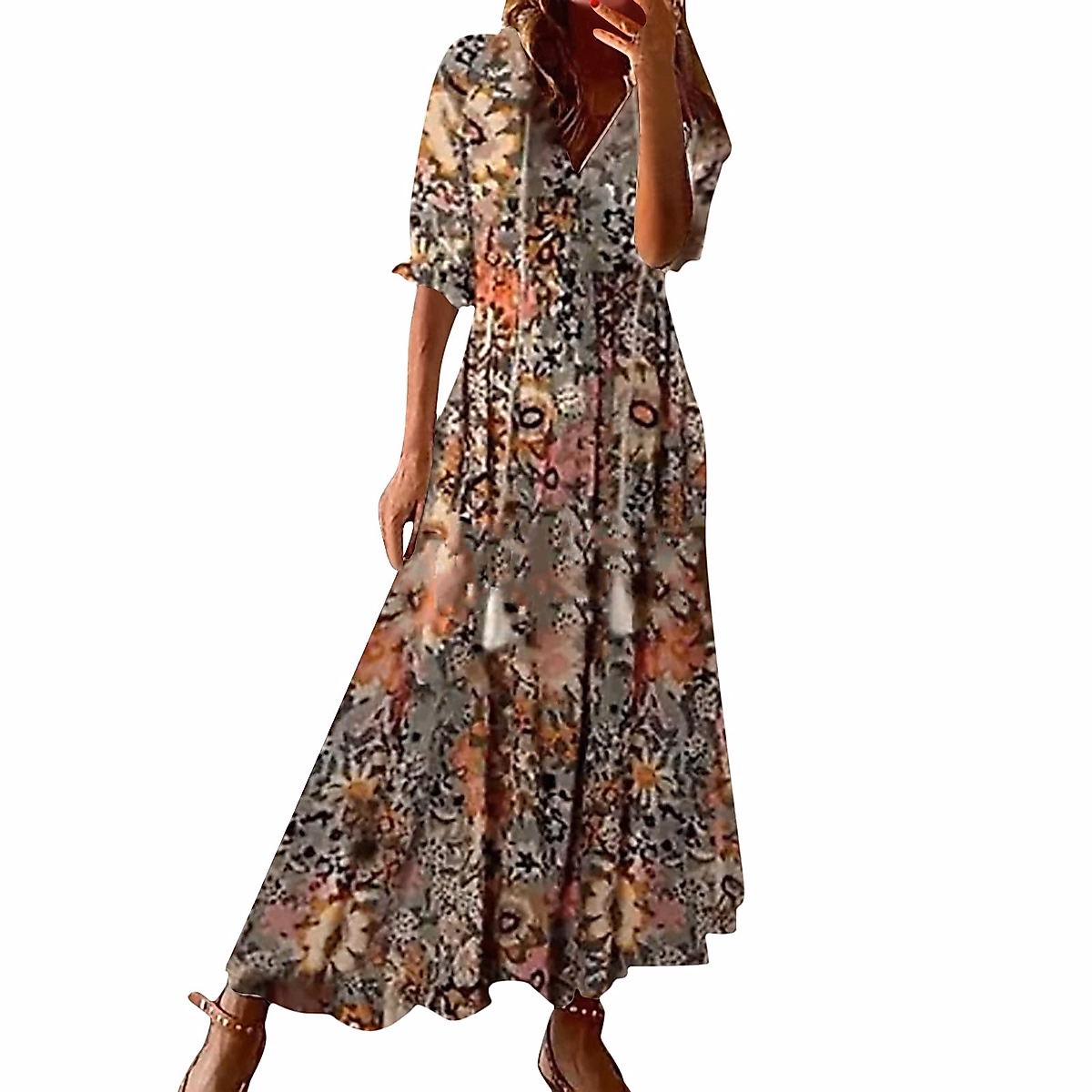 Cnebo Boho Maxi Dresses for Women 2023 New Women's Medium and Long Sleeve Dress with Tassels Wide Bohemian Print V Neck Length Khaki